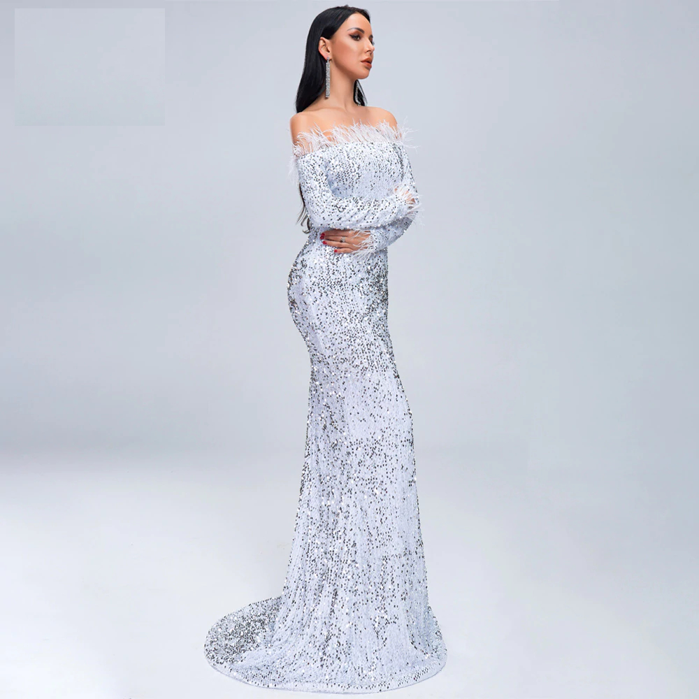2019 Sexy Off Shoulder Feather LongSleeve Sequin floor length Evening ...
