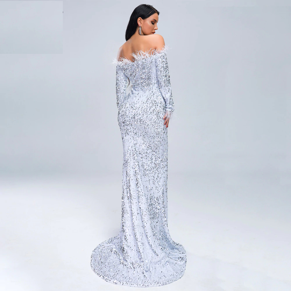 2019 Sexy Off Shoulder Feather LongSleeve Sequin floor length Evening ...